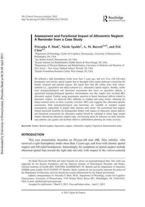Pdf Assessment And Functional Impact Of Allocentric Neglect A