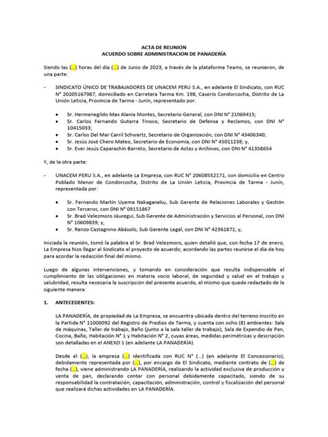 Acuerdo Sobre Panadería Sindicato Condorcocha 16062023 Pdf