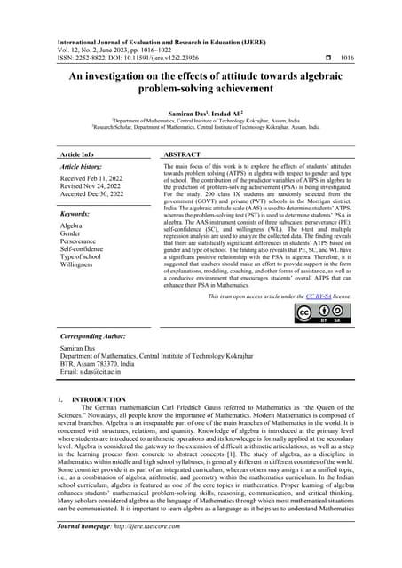 An Investigation On The Effects Of Attitude Towards Algebraic Problem Solving Achievement Pdf
