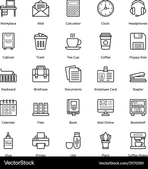 Office And Workplace Line Icons Pack Royalty Free Vector