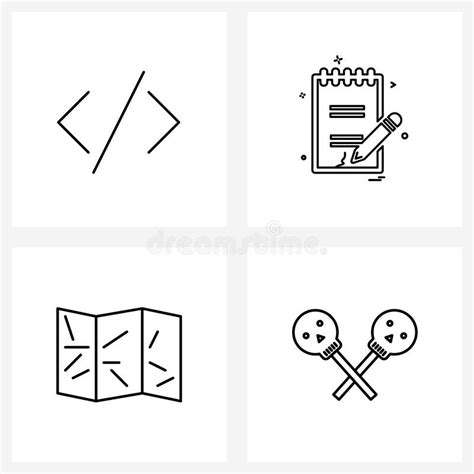 Pixel Perfect Set Of 4 Vector Line Icons Such As Code Map Programming Text West Wild Stock