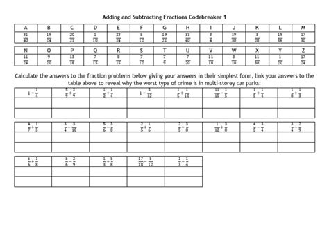 Adding And Subtracting Fractions Codebreaker 1 Pdf