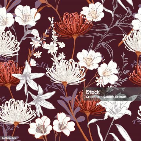 아름 다운 빈티지 식물 정원 피 꽃 패션 패브릭 벽지 그리고 모든 지문에 대 한 미완성된 선 그리기 원활한 패턴 벡터 디자인 그리기에 대한 스톡 벡터 아트 및 기타 이미지