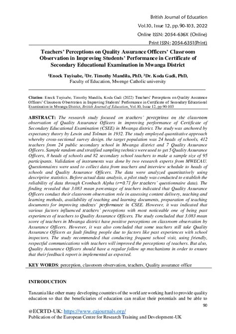 Pdf Teachers Perceptions On Quality Assurance Officers Classroom Observation In Improving