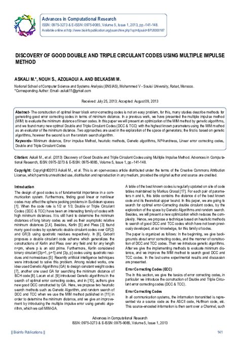 Pdf Discovery Of Good Double And Triple Circulant Codes Using Multiple Impulse Method