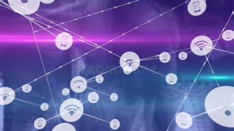 Animation Of Icons Connected With Lines Over Lens Flares Time Lapse Of