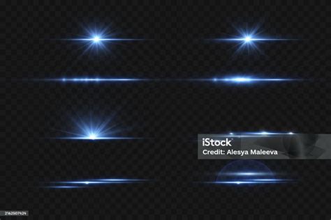 파란색 수평 광선 세트입니다 하이라이트가 있는 푸른 별 또는 태양 빛 에너지의 폭발 효과 벡터 조명 효과 어도비 일러스트레이터 아트웍 광선에 대한 스톡 벡터 아트 및 기타