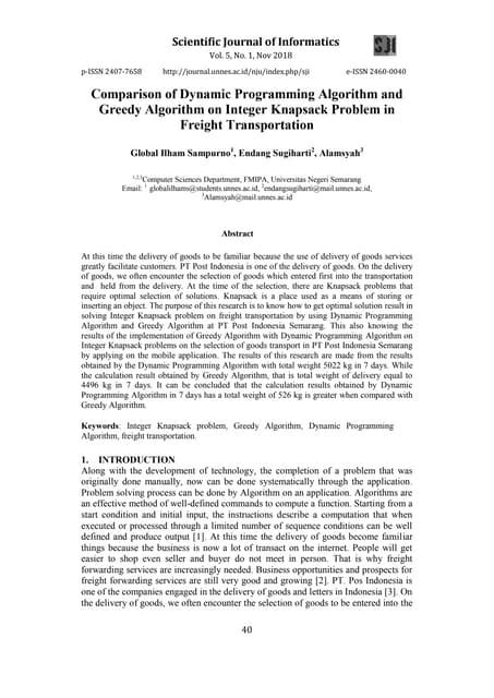 Comparison Of Dynamic Programming Algorithm And Greedy Algorithm On Integer Knapsack Problem In