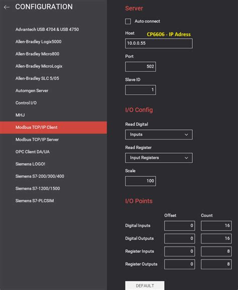 connection fio cp6606 ek1100 modbus tcp ip client server not
