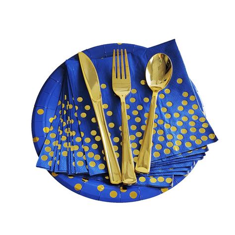 Badu Bg Комплекти съдове за еднократна употреба със синя точка хартиени чаши чинии слама за