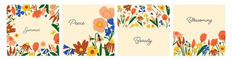 야생화 아트 온 카드 세트입니다 꽃이 만발한 초원 꽃 엽서 튤립 미나리 종 계곡의 백합 여름 들판의 식물 야생 식물 프레임 꽃 장식 평면 벡터 일러스트레이션 꽃 식물에 대한