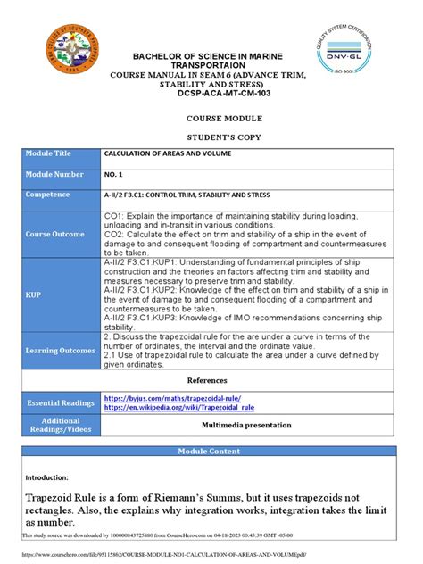 Course Module No1 Calculation Of Areas And Volume Pdf Pdf