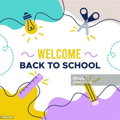 학교 광장 배너에 다시 오신 것을 환영합니다 학교 용품 문구 아이콘 재미있는 다채로운 유기농 모양 배경 교육의 개념 벡터 일러스트 레이 션 평면 디자인 신학기에 대한 스톡