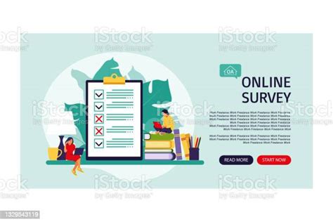 고객 만족도 조사 방문 페이지입니다 진드기와 십자가종이 있는 종이 조각 작은 사람들 문자는 양식을 작성합니다 벡터 그림입니다 플랫 스타일 개념에 대한 스톡 벡터 아트 및
