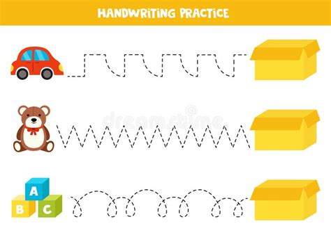 Tracing Lines with Cute Cartoon Toys and Box. Writing Practice. Stock ...