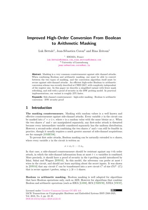 Pdf Improved High Order Conversion From Boolean To Arithmetic Masking
