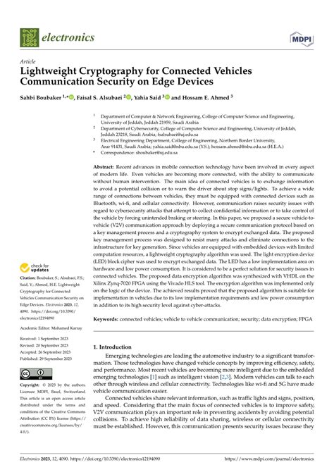 Pdf Lightweight Cryptography For Connected Vehicles Communication Security On Edge Devices