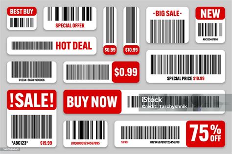 제품 바코드 집합입니다 특별 제안 판매 스티커 쇼핑 할인 라벨 또는 프로모션 배지 일련 번호 제품 Id 상점 또는 슈퍼마켓 스캔