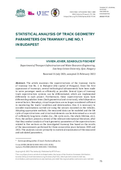 Pdf Statistical Analysis Of Track Geometry Parameters On Tramway Line No 1 In Budapest