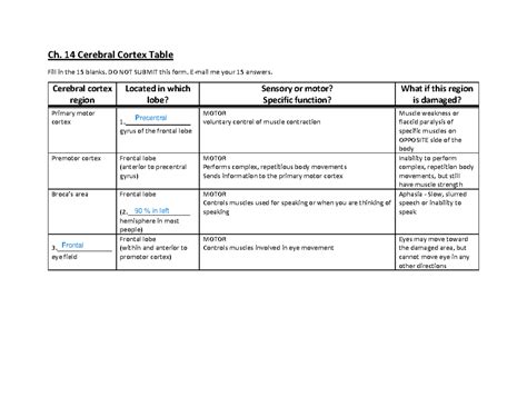 Cortex Table Ch 14 Ch 14 Cerebral Cortex Table Fill In The 15 Blanks