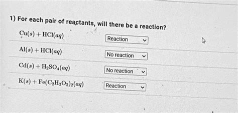1 for each pair of reactants will there be a reaction cu s hcl aq