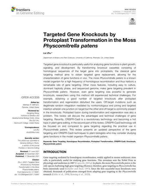 Pdf Targeted Gene Knockouts By Protoplast Transformation In The Moss Physcomitrella Patens