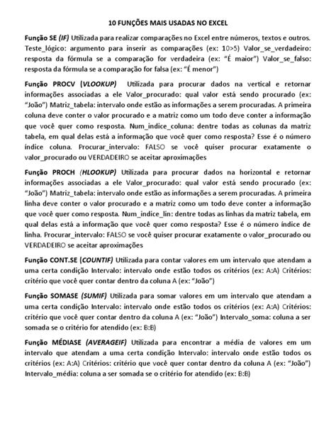 As 10 Funções Mais Utilizadas No Excel E Suas Aplicações Pdf Matriz Matemática Tabela