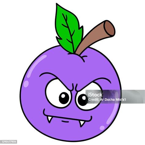 보라색 과일 이모티콘과 악한 표정 얼굴 캐릭터 귀여운 낙서 그리기 벡터 일러스트레이션 과일에 대한 스톡 벡터 아트 및 기타