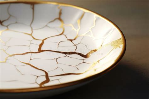 Porcelain Kintsugi Plate On A Table Traditional Japanese Art Concept