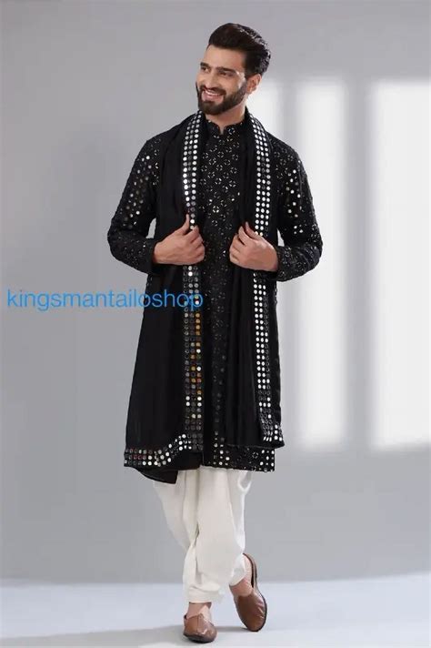 Mens Heavy Mirror Work Kurta Set Mens Heavy Chikankari Kurta Pajama