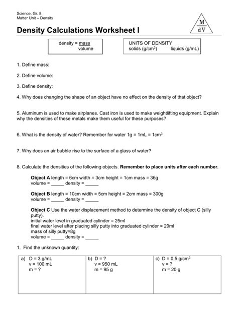 Worksheet Density Calculations Writing Practice Worksheet