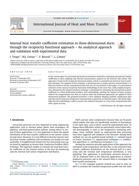 Pdf Internal Heat Transfer Coefficient Estimation In Three Dimensional Ducts Through The