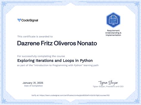 Course Certificate For Exploring Iterations And Loops In Python Codesignal Learn
