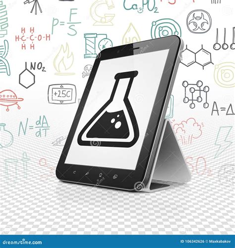 Science Concept Tablet Computer With Flask On Display Stock