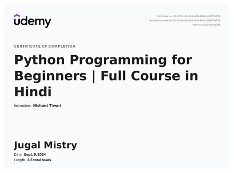 Certificate For Python Programming For Beginners Jugal Mistry Posted