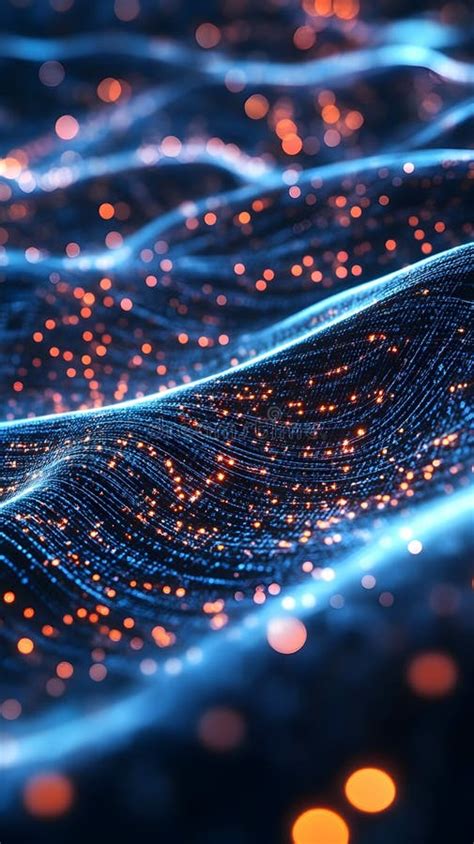 Glowing Digital Landscape With Flowing Lines And Vibrant Particles Stock Illustration