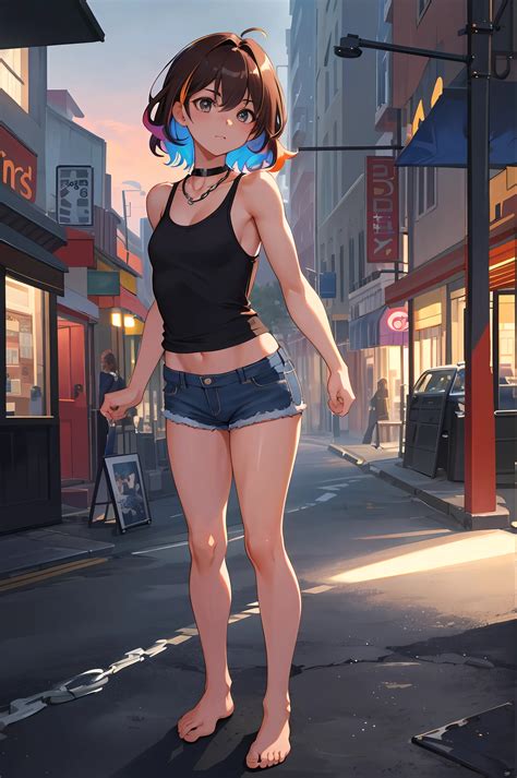 Anime Girl In Short Shorts And A Tank Top Walking Down A Street Seaart Ai
