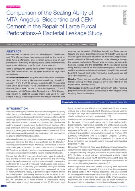Pdf Comparison Of The Sealing Ability Of Mta Angelus Biodentine And Cem Cement In The Repair