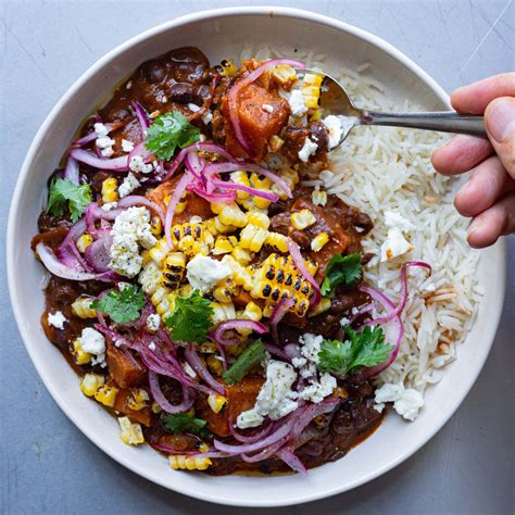 Charred Sweetcorn Sweet Potato And Feta Black Bean Chilli Recipe Mob