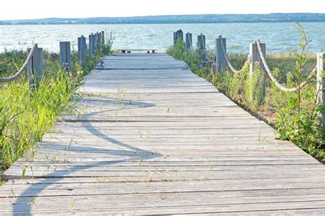 Wooden Paved Bridge To Lake On Beach Sunny Day And Relaxation Nature