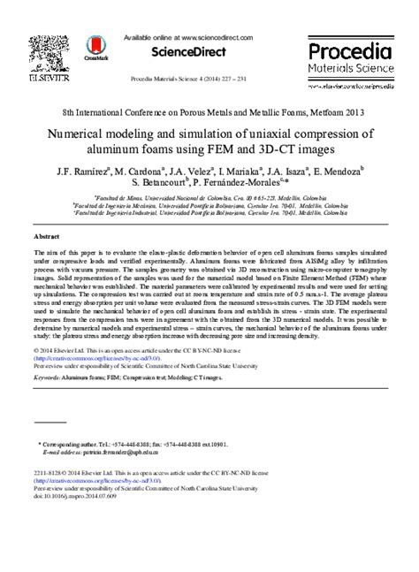 Pdf Numerical Modeling And Simulation Of Uniaxial Compression Of Aluminum Foams Using Fem And