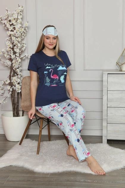 Пижама (футболка + штаны + маска для сна) Pijamoni Фламинго XL Сине ...