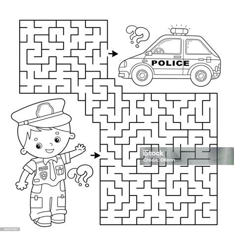미로 또는 미로 게임 수수께끼 색칠 페이지 자동차와 만화 경찰의 개요 직업 경찰 아이들을위한 색칠 공부책 컬러링 북 페이지 일러스트레이션 기법에 대한 스톡 벡터 아트 및