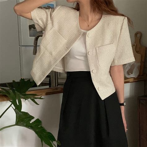 크롭 반팔 체크 여름 트위드 자켓