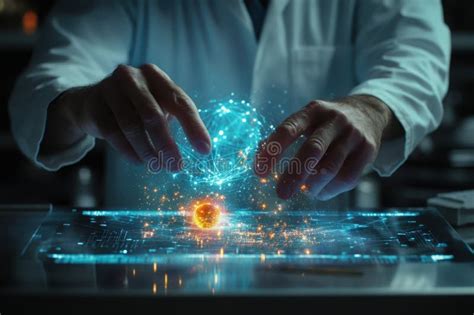 Scientist Manipulating A Holographic Atom Model In A Futuristic Lab Setting Stock Illustration