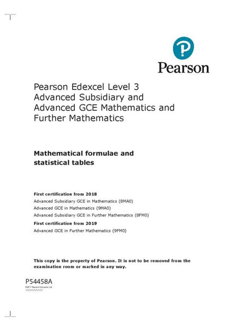 Certification Pdf Pearson Edexcel A Level Gce In Mathematics Formulae Book