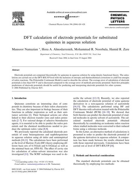 Pdf Dft Calculation Of Electrode Potentials For Substituted Quinones In Aqueous Solution