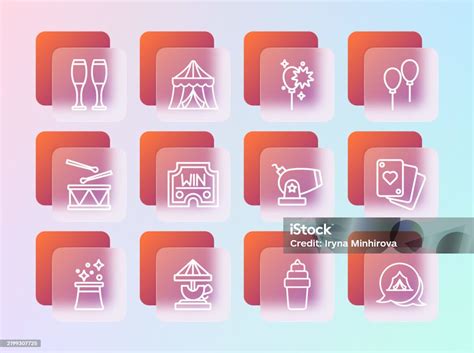 리본 어트랙션 회전 목마 대포 와플 아이스크림 카지노 승리 볼링 핀 및 서커스 텐트 아이콘과 함께 라인 풍선을 설정합니다 벡터 공휴일에 대한 스톡 벡터 아트 및 기타 이미지