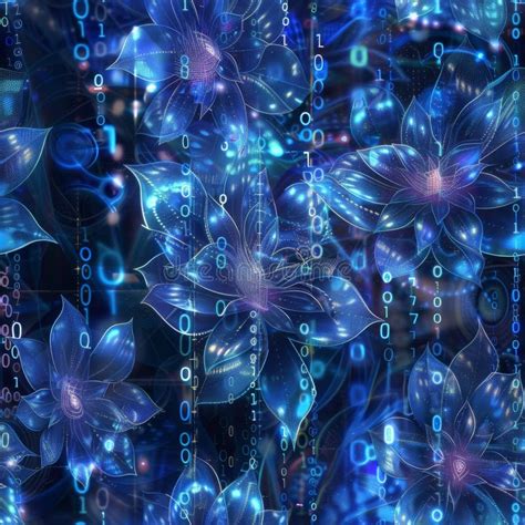 Futuristic Digital Flowers With Glowing Binary Code Background Stock