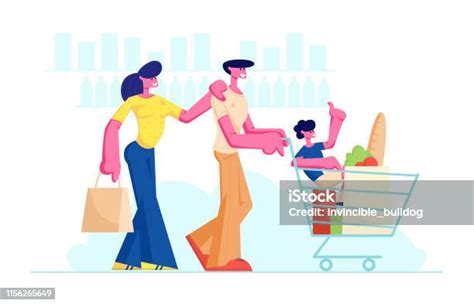 제품 카트와 슈퍼마켓에서 가족 쇼핑 아버지 는 구입과 아들 내부트롤리를 밀어 재미있는 라이프 스타일 쇼핑몰의 캐릭터 상점에서 부모와 아이 만화 플랫 벡터 일러스트 가방에